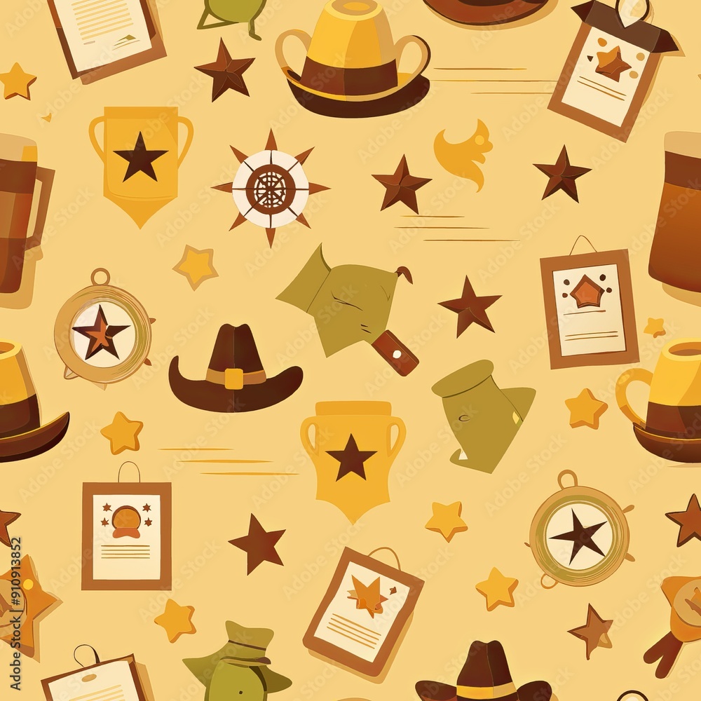 seamless pattern of sheriff badges and wanted posters, evoking a ...