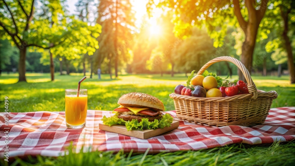 Foto de Un picnic en el parque con una hamburguesa, zumo de naranja y ...