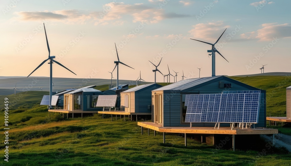 Casas modernas con paneles solares y turbinas eólicas, ubicadas en un ...