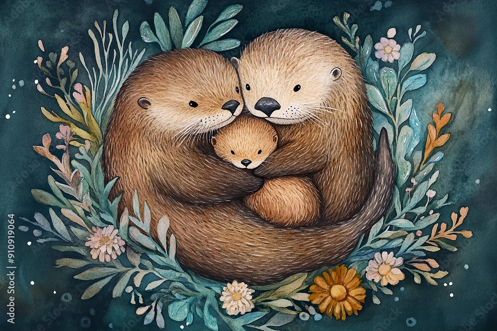 family of 3 cuddling sea otters, mom dad and baby, surrounded by ...