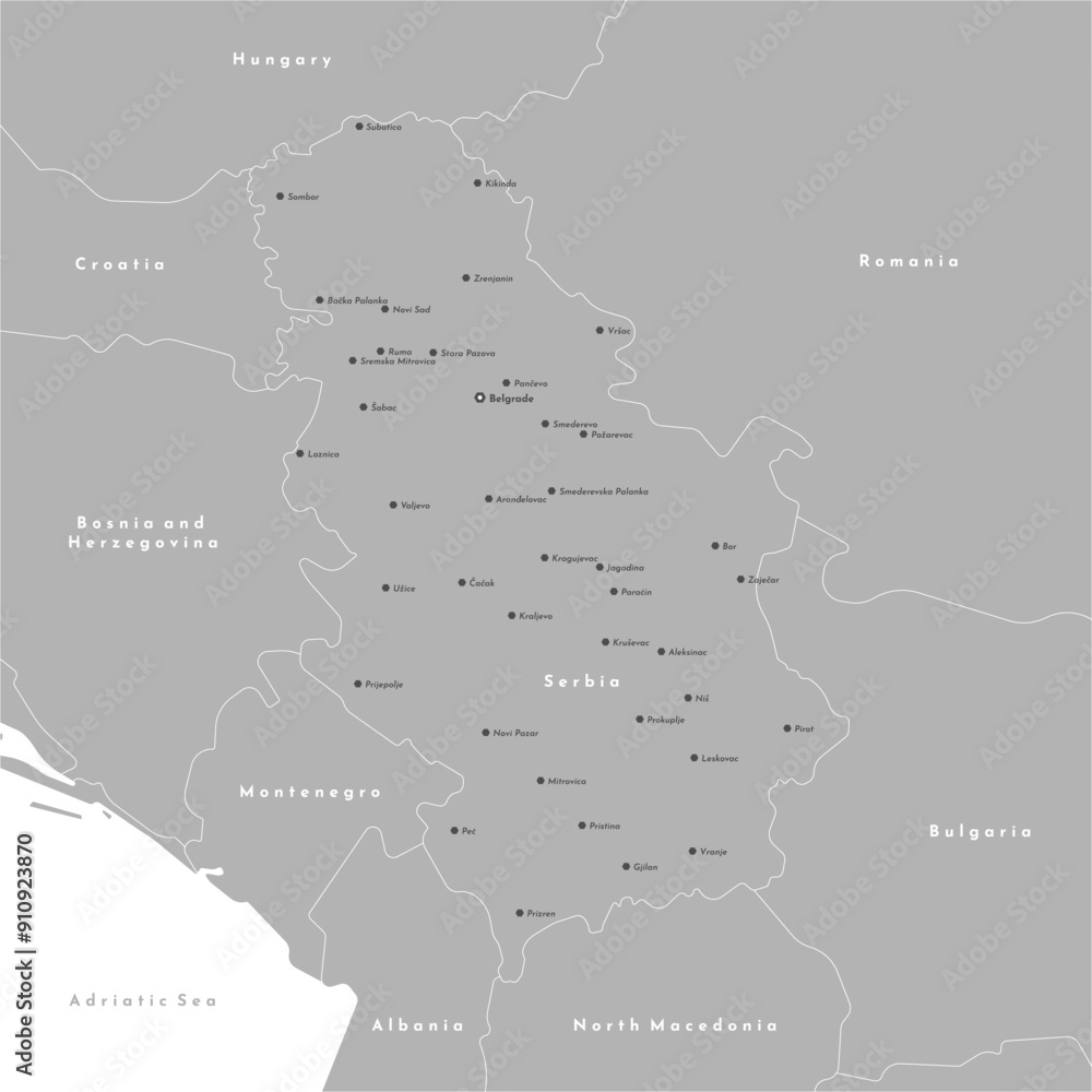 Vector illustration. Simplified administrative map of Serbia including Kosovo. Border with ...