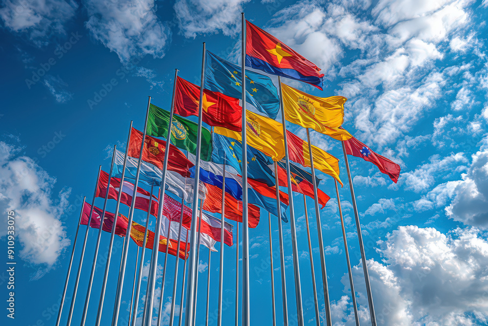 Multiple flags from various nations wave on tall poles against a ...