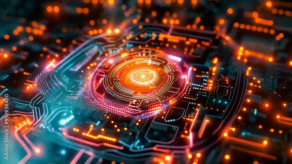 Quantum Computing Animation with Neon CPU Processor and Qubits in ...
