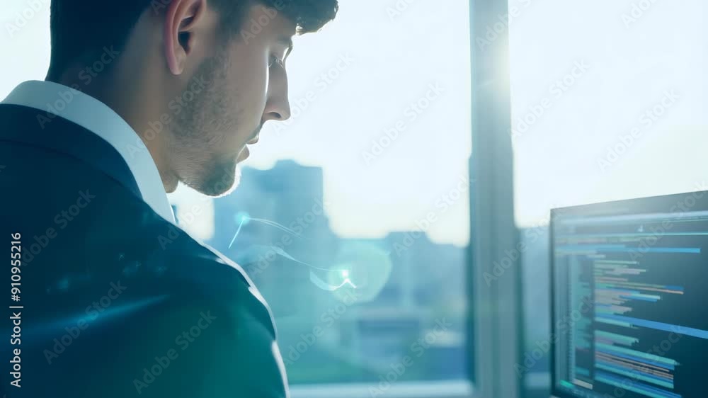 A young man in a suit works at a computer. Lines of code are visible on ...