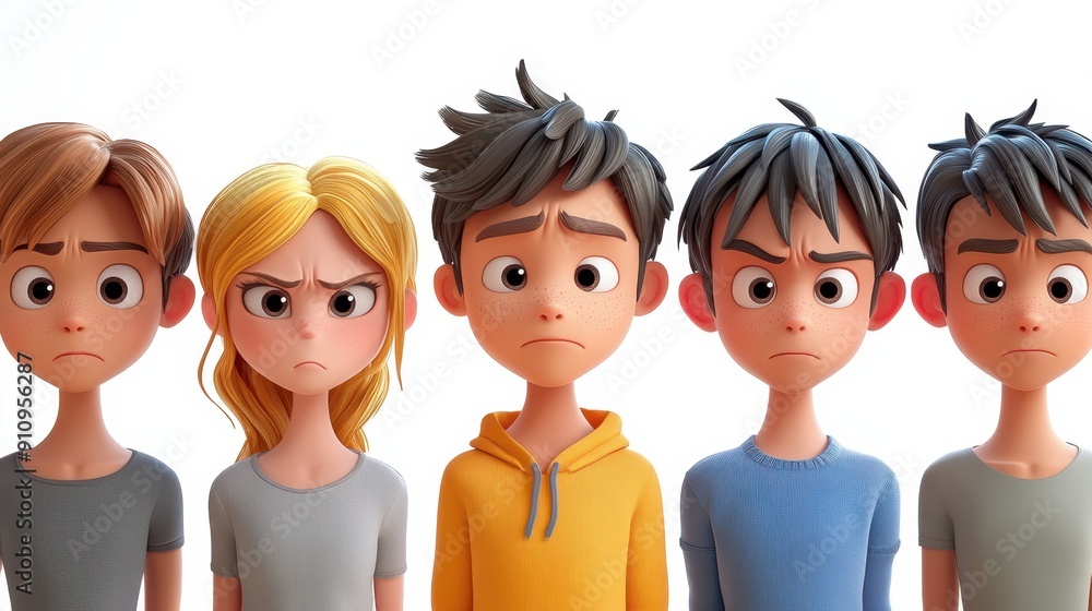 3D cartoon children faces of different colors with Happy and sad ,angry ...