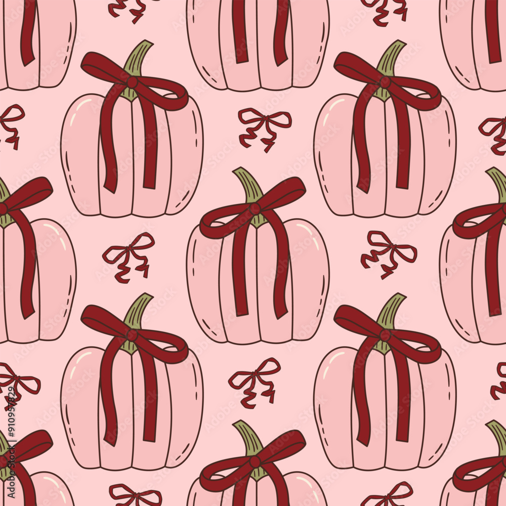 Seamless vector pattern with cute coquette pumpkins with burgundy bows ...