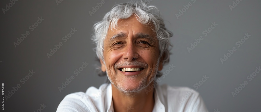 Charming 60s midage gentleman with silver hair laughing and smiling ...