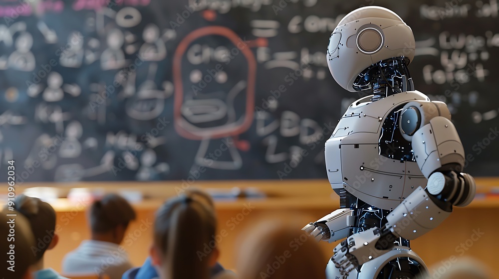 Futuristic AI Robot Educator in Classroom Teaching Students with ...