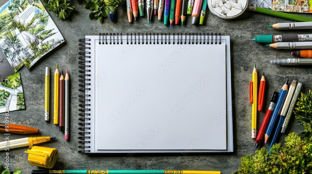 Aerial view of an organized landscape architectâ€™s desk, highlighting ...