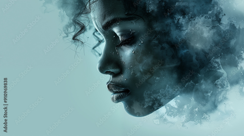 Profile of woman's face dissolving into smoky effect. Evocative digital ...