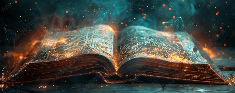 Ancient spellbook open on a dusty table, glowing runes and symbols ...