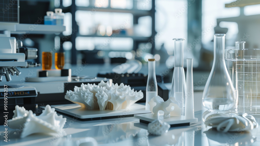 A modern laboratory desk displays intricate 3D-printed objects and ...