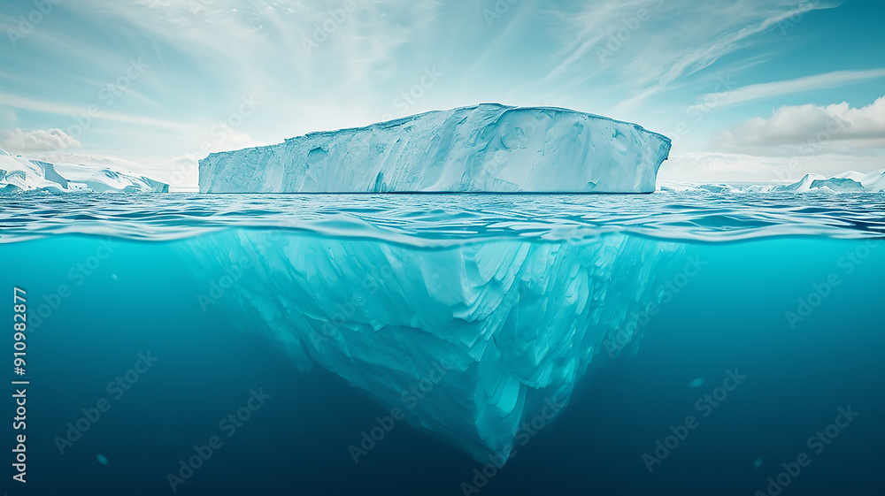 Top and underwater view of a huge beautiful iceberg in blue icy water ...