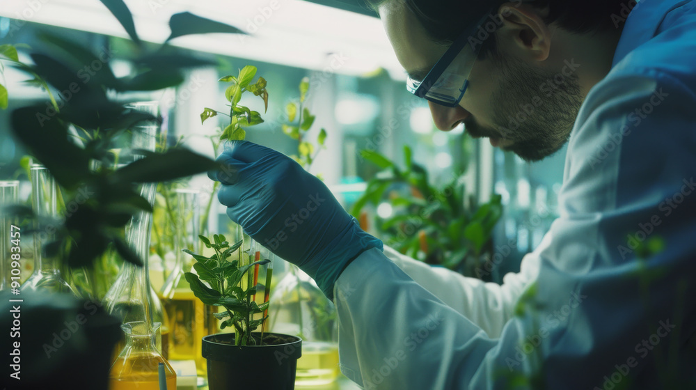 A scientist in a laboratory inspects seedling plants under artificial ...