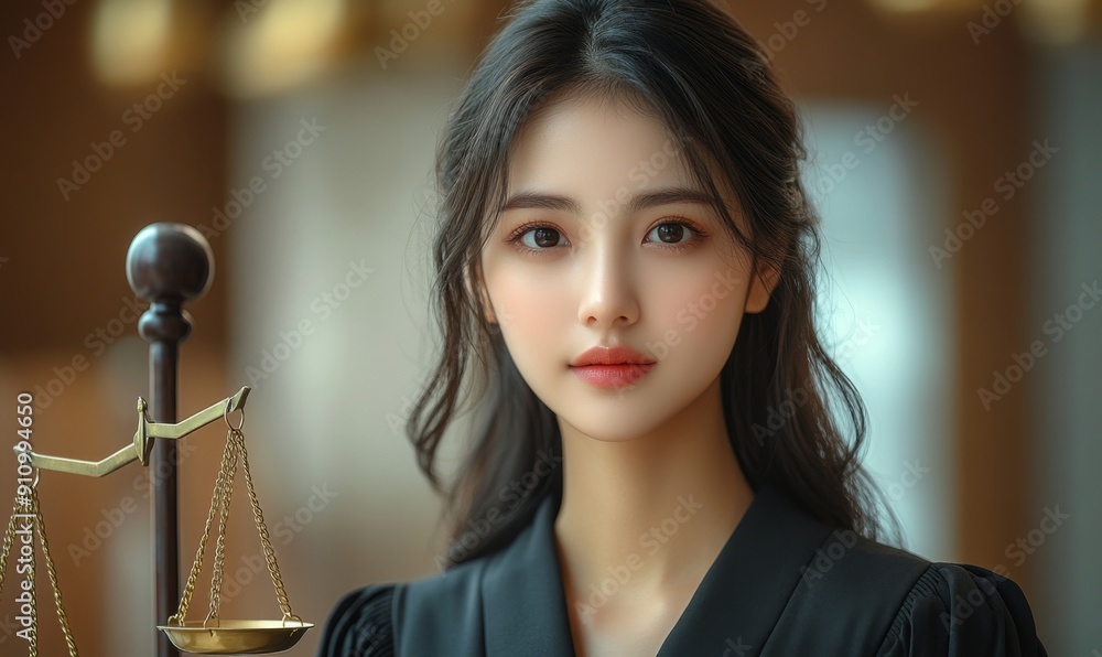 Powerful Young Female Judge Holding Scales of Justice and Gavel. Elegant Black-Haired Woman in ...