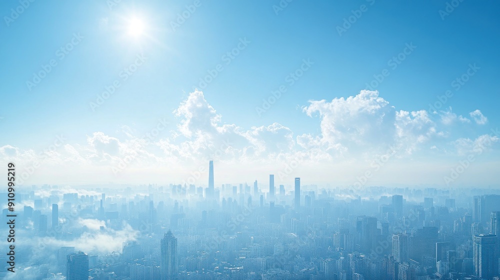 A vibrant image depicting a clean and pollution-free urban skyline ...