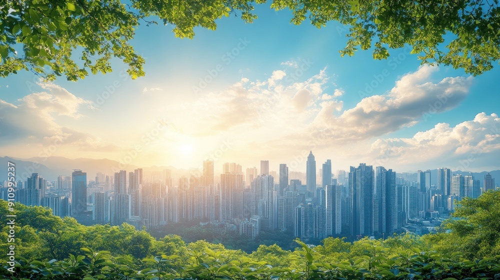 A vibrant image depicting a clean and pollution-free urban skyline ...