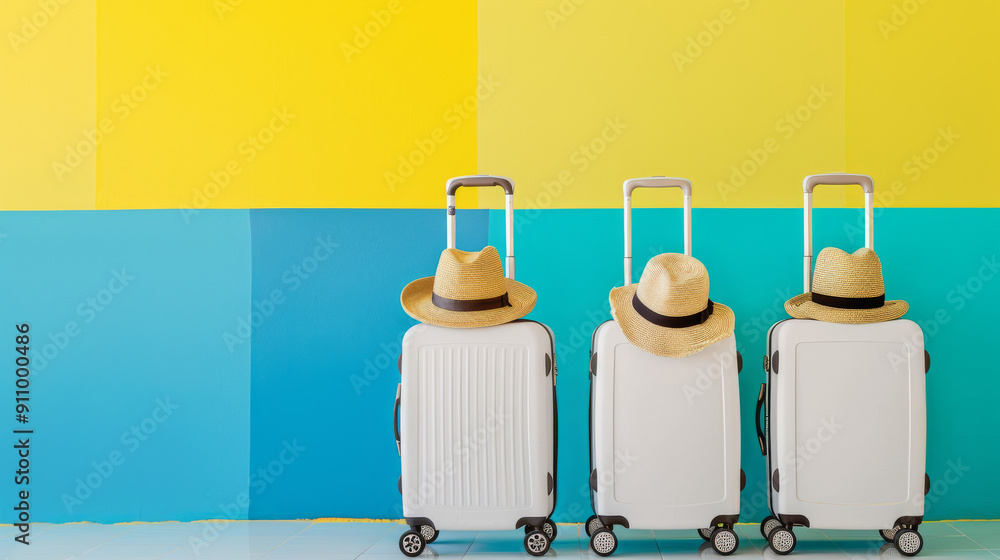 Trio of white suitcases with sun hats stacked on top, set against a ...
