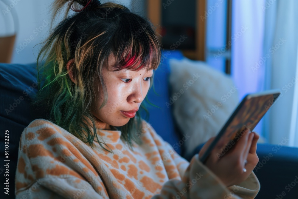Young Gen-Z Female Using A Tablet At Home Close up head shot of young ...