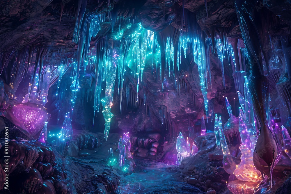 A crystalline cave with shimmering, multicolored stalactites and ...