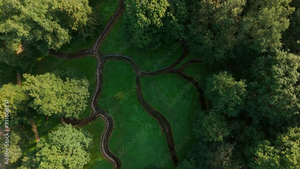 Top-Down Aerial of War Trenches from WW1 in Green Forest with Trees ...