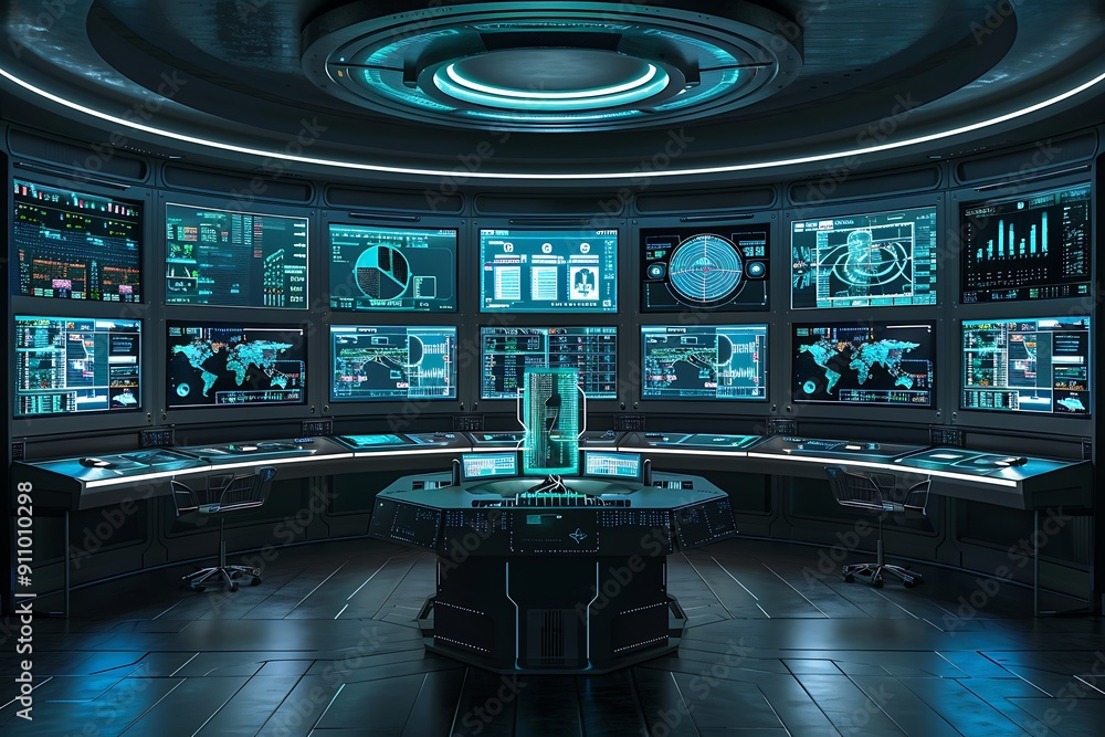 A cyber-security control room with multiple screens displaying real ...
