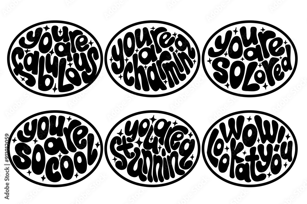 Black and white set of Self love hand drawn lettering in flat style ...