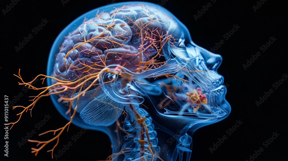 Artistic illustration of a transparent human head with orange brain and ...