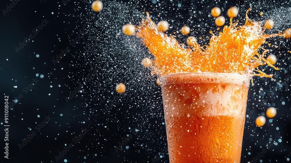 Colorful explosion of Thai milk tea with chewy tapioca pearls flying in ...