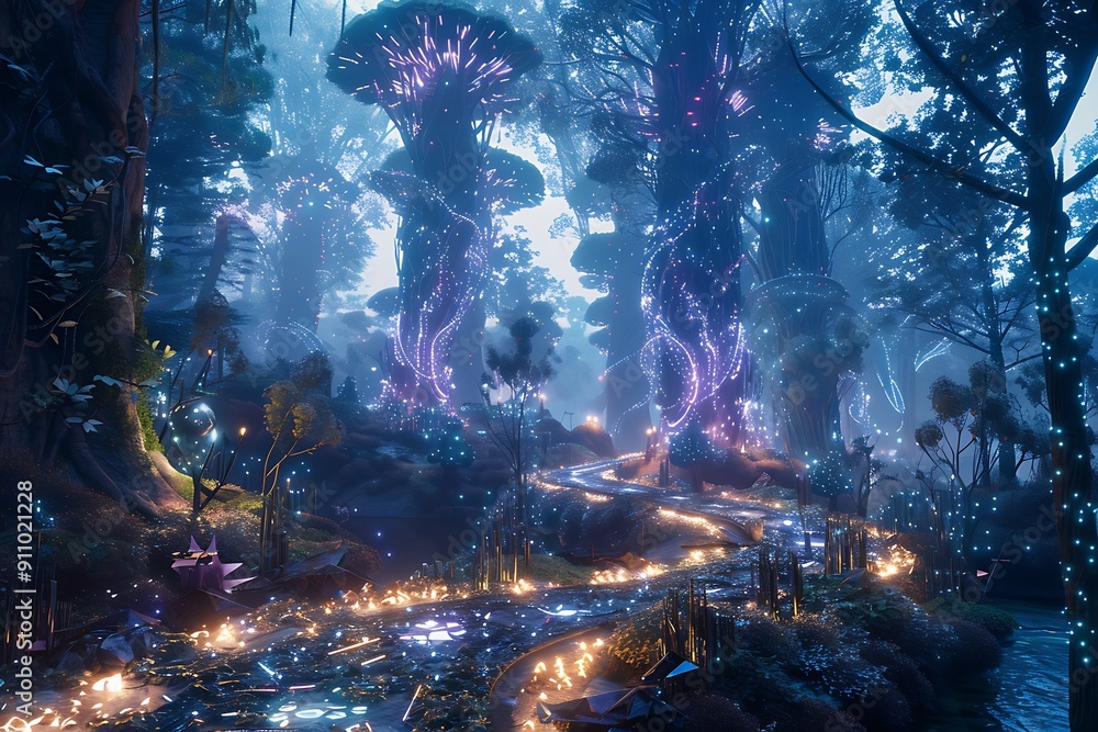 A cybernetic forest with towering, bioluminescent trees and glowing ...