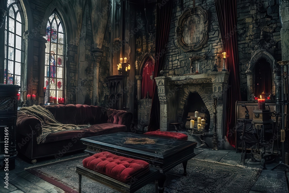 atmospheric gothic vampire lair with ornate victorian furniture ...