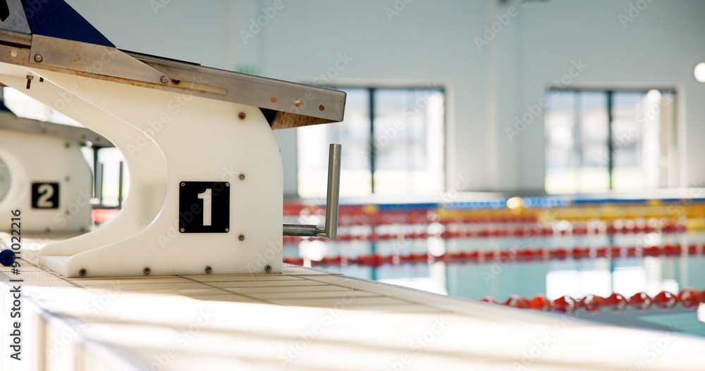 Swimming pool, sports and podium with number in gym for practice ...