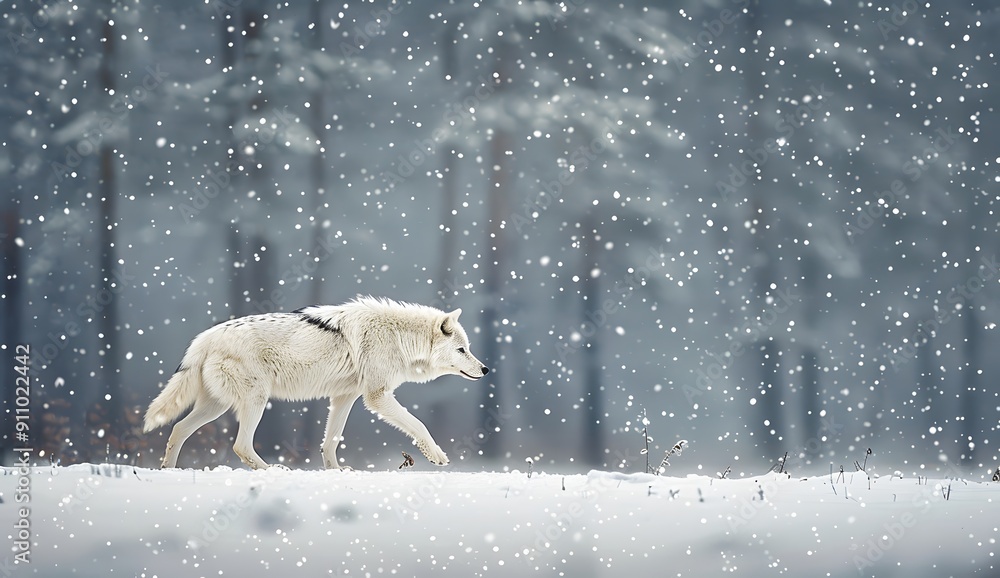 Arctic wolf walking in the snow, side view. White and grey colors of ...