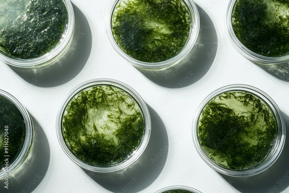 Biotech, science. Microalgae and algae in petri dishes for research in ...