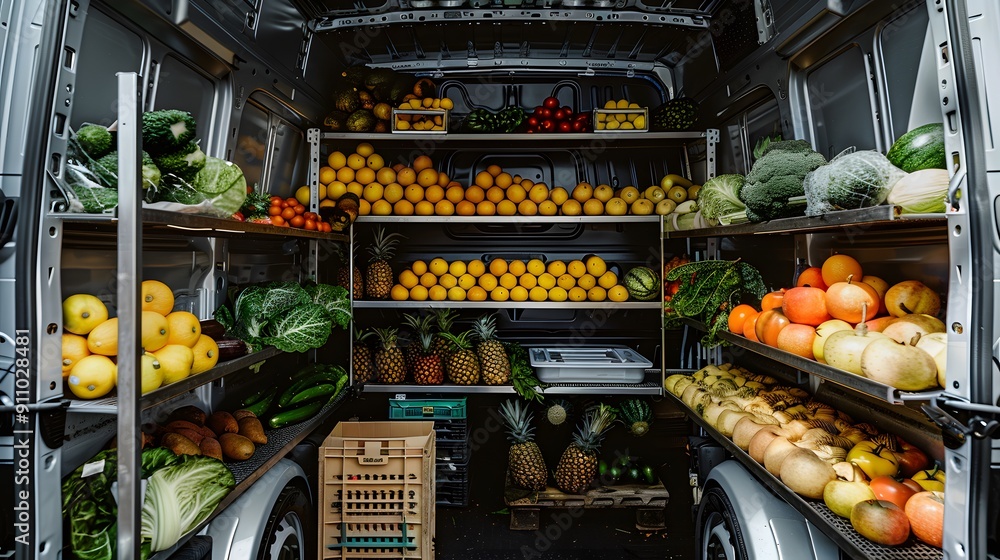 A modern delivery van with shelves full shelves full of fresh fruits ...