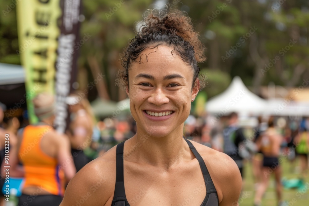Smiling shirtless woman at the running start line on a sunny day ...