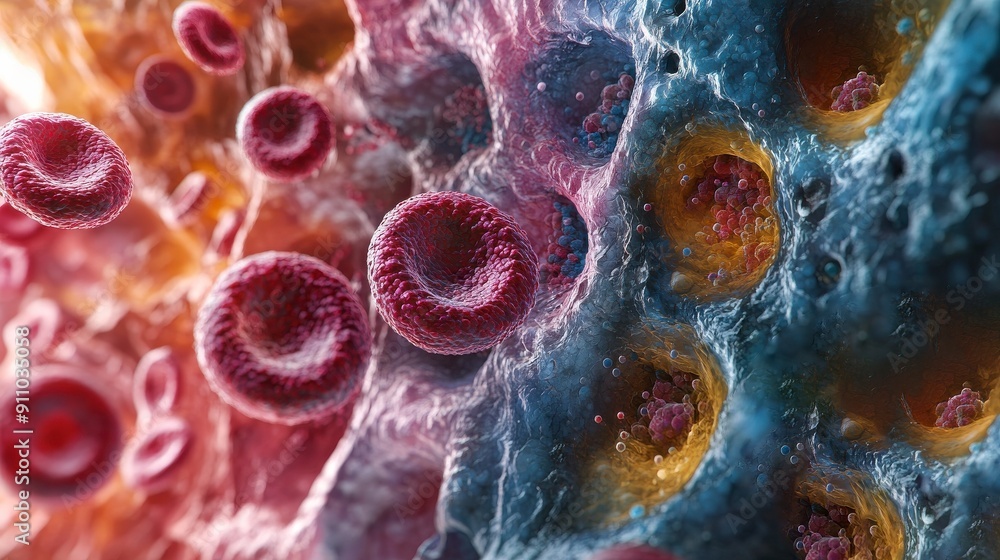 Microscopic view of red blood cells and tissue structures highlighting ...