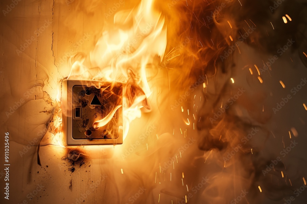 An electrical outlet bursts into flames, with bright sparks and intense ...