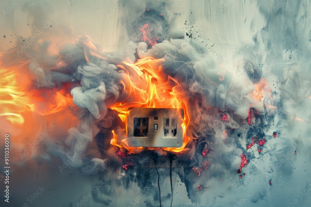 An electrical wall socket is dramatically engulfed in flames and thick ...