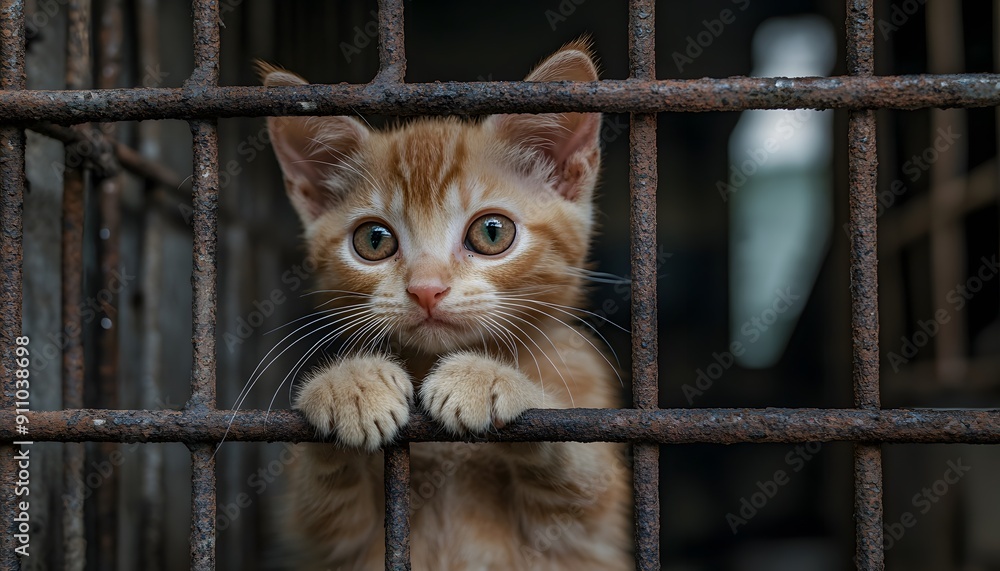 sad ginger kitten in cage, dirty and emaciated animal living conditions ...