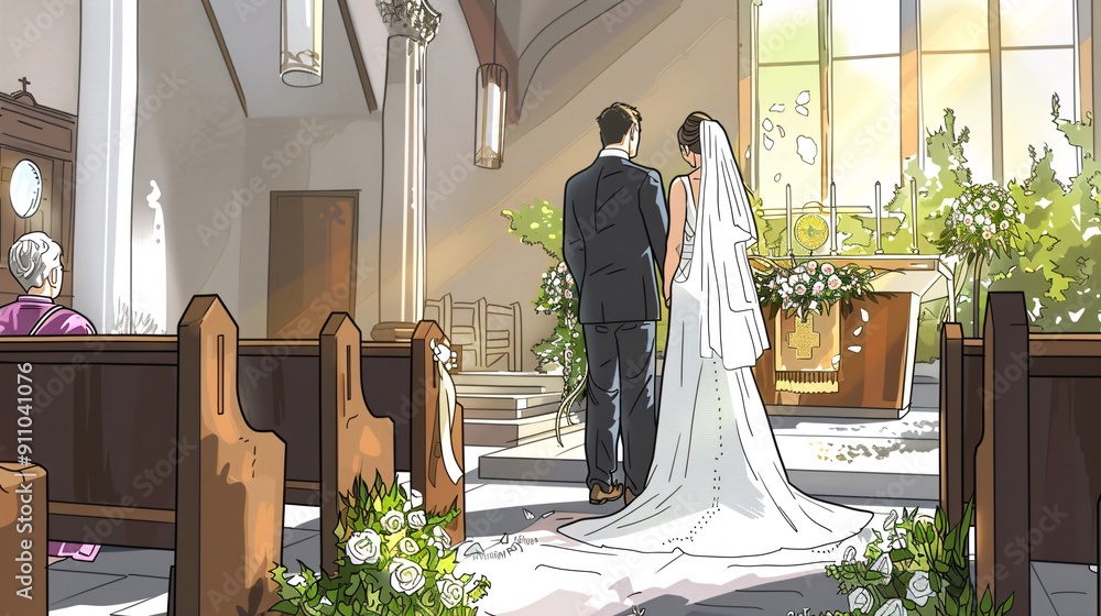 Detailed 3D shading drawing of a wedding ceremony with the bride and ...