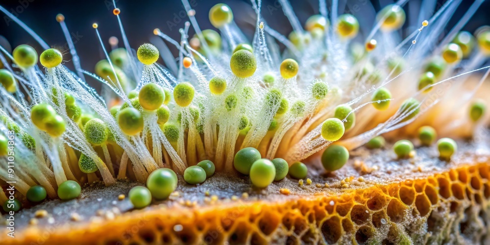 Vibrant, intricate ultra-macro image of fungi conidia and mycelia ...