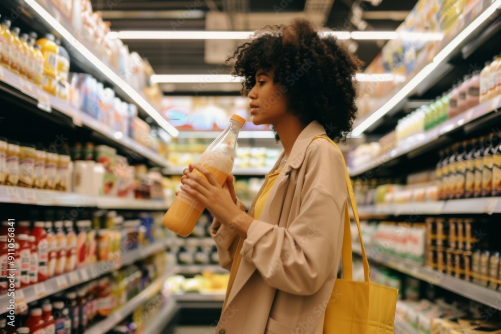 Woman selecting items at a grocery store, carefully examining package ...