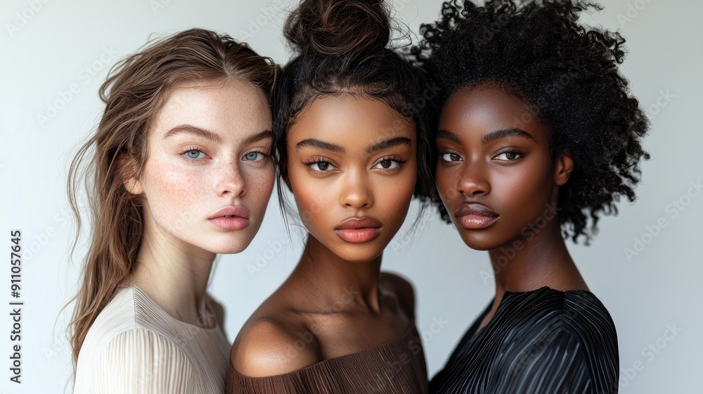 Three beautful fashion models of different races with natural makeup on ...