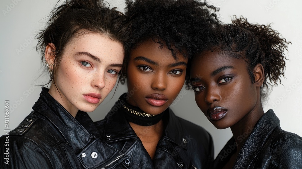 Three beautful fashion models of different races with natural makeup on ...