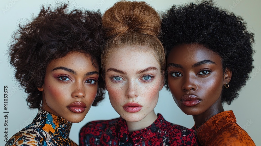 Three beautful fashion models of different races with natural makeup on ...