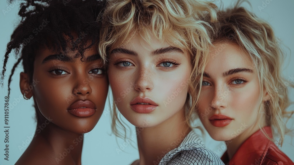 Three beautful fashion models of different races with natural makeup on ...