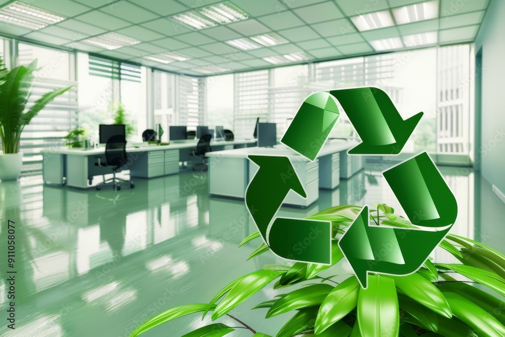 Green recycling symbol icon logo over a professional environmental ...
