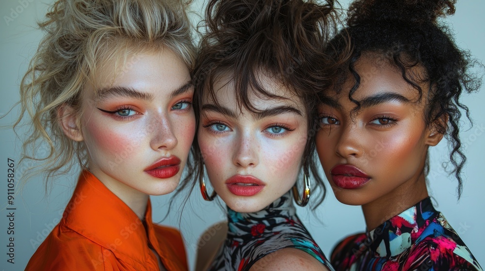 Three beautful fashion models of different races with natural makeup on ...