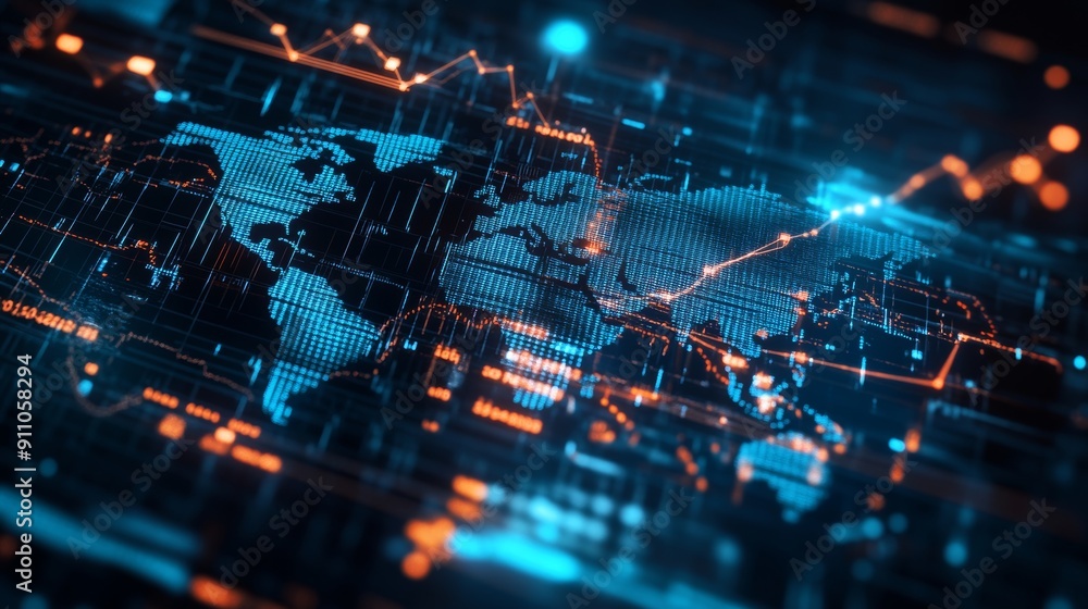 Futuristic Representation of Global Stock Markets with Digital Graphs, Charts, and World Maps ...
